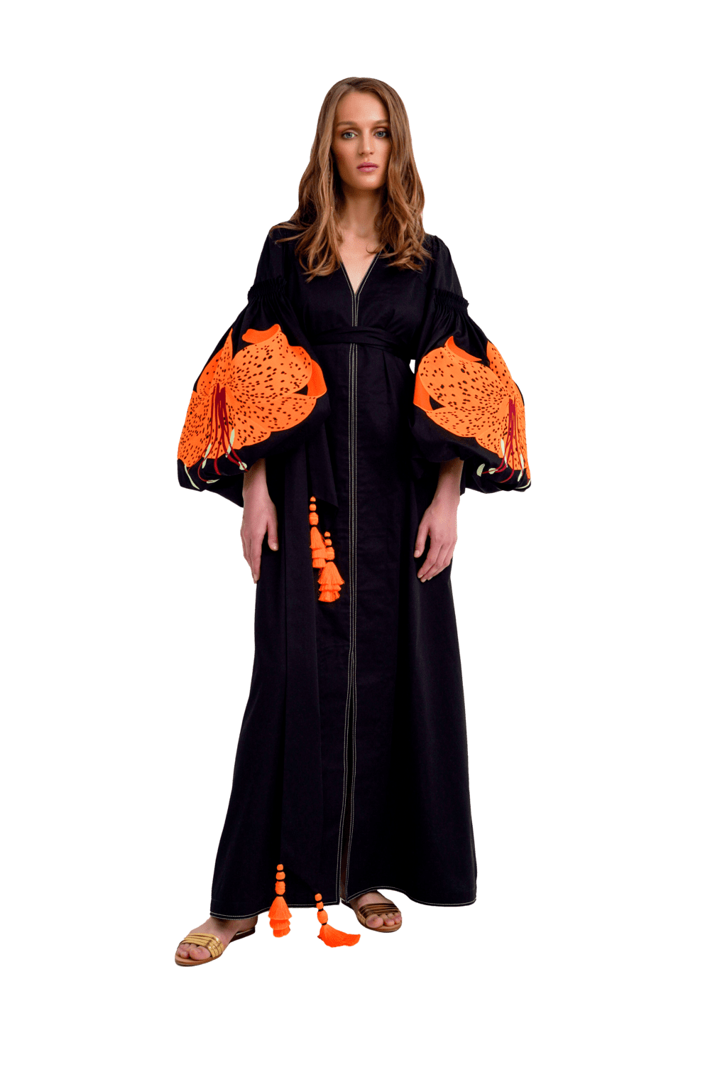 Luxurious Black/Orange Lilies Women's Maxi Caftan Yuliya Magdych