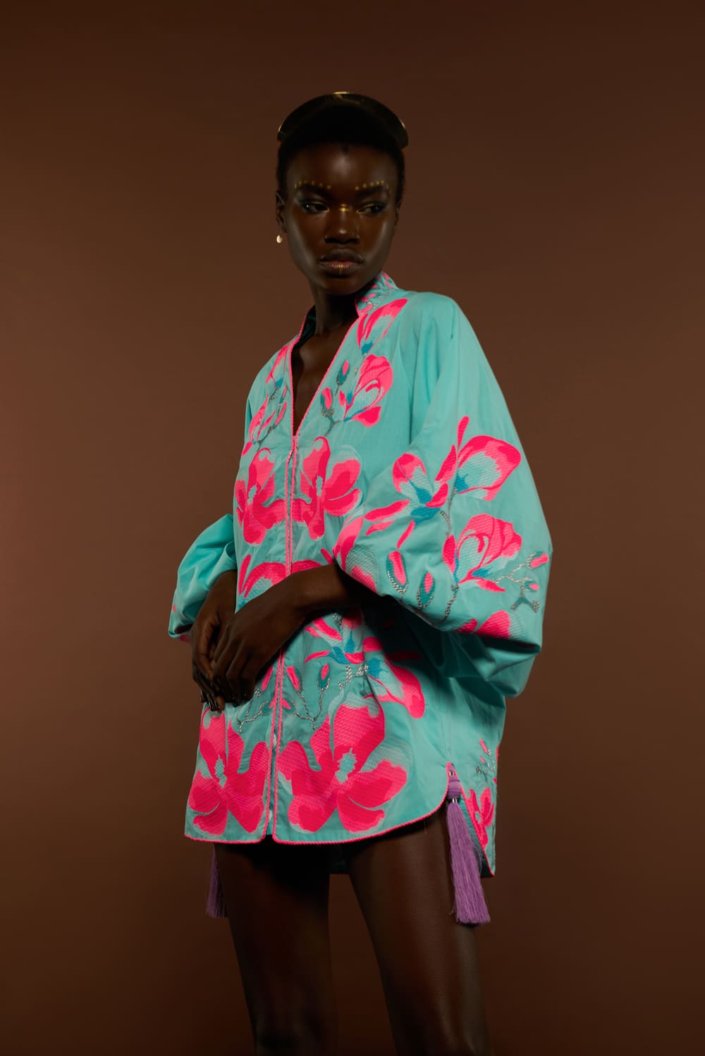 Luxurious Turquoise/Fuchsia Magnolia Women's Mini Caftan Yuliya Magdych