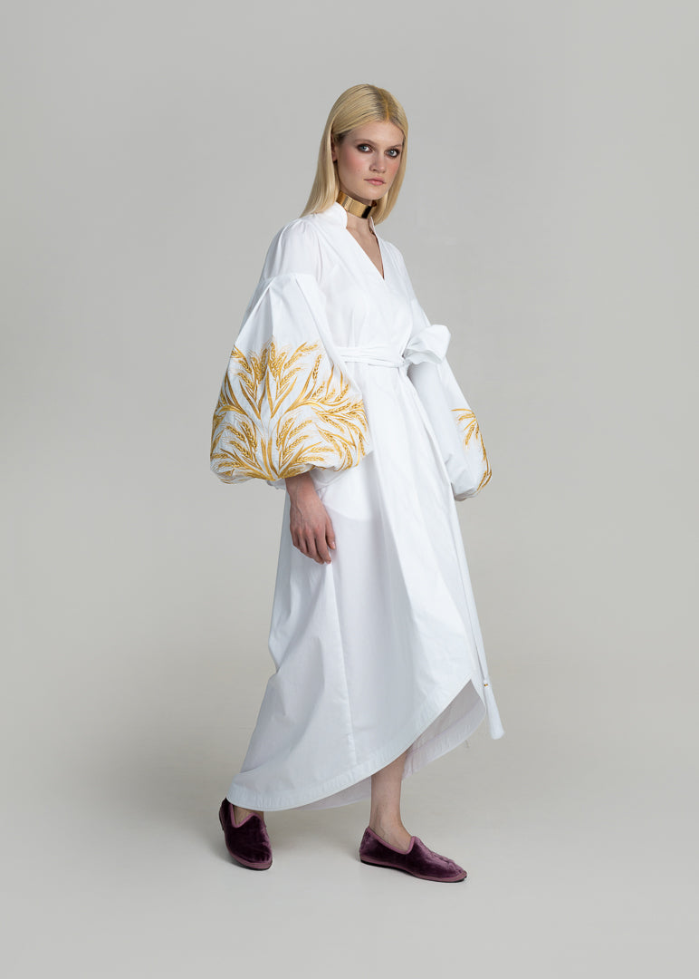 Luxurious White/Gold Kolossya Women's Midi Caftan Yuliya Magdych
